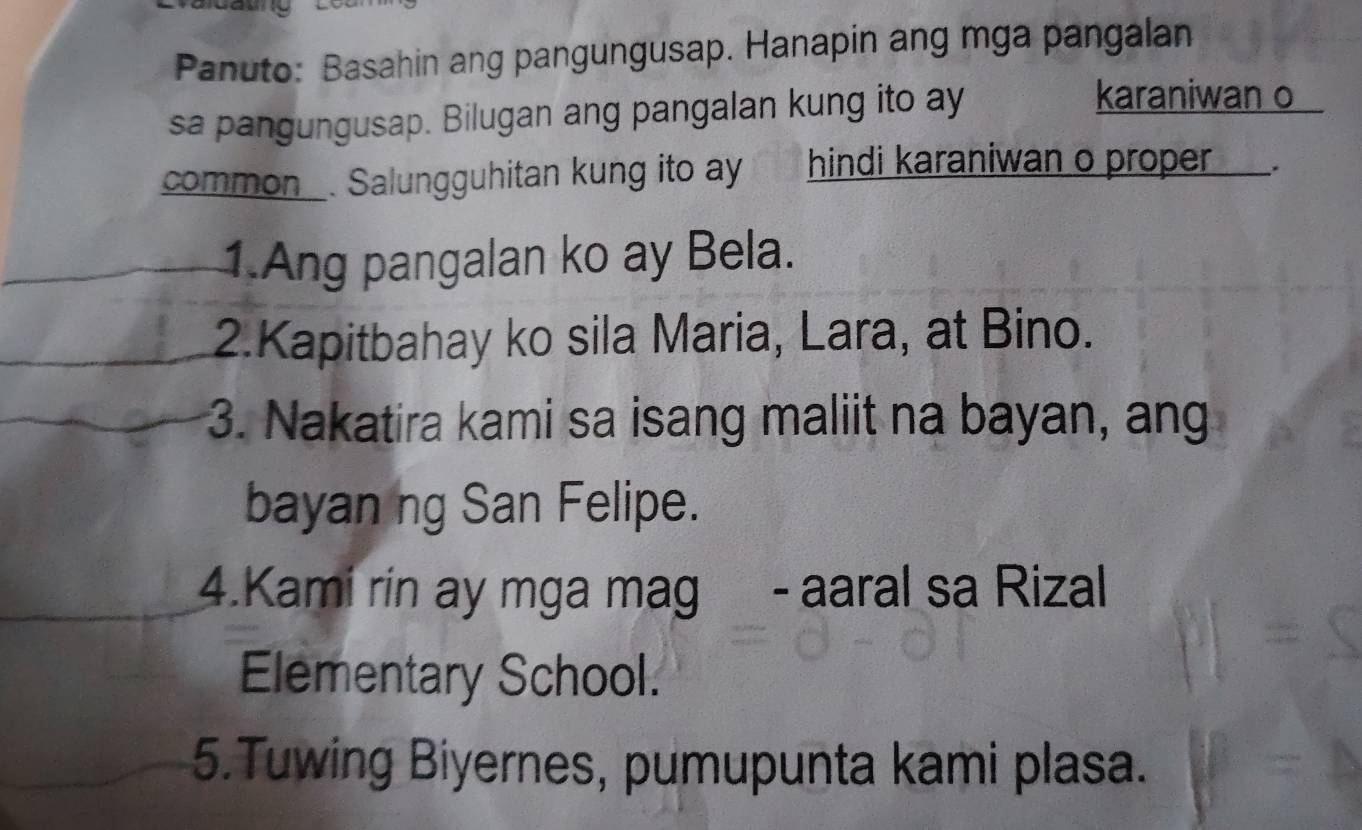 Solved: Panuto: Basahin ang pangungusap. Hanapin ang mga pangalan sa ...