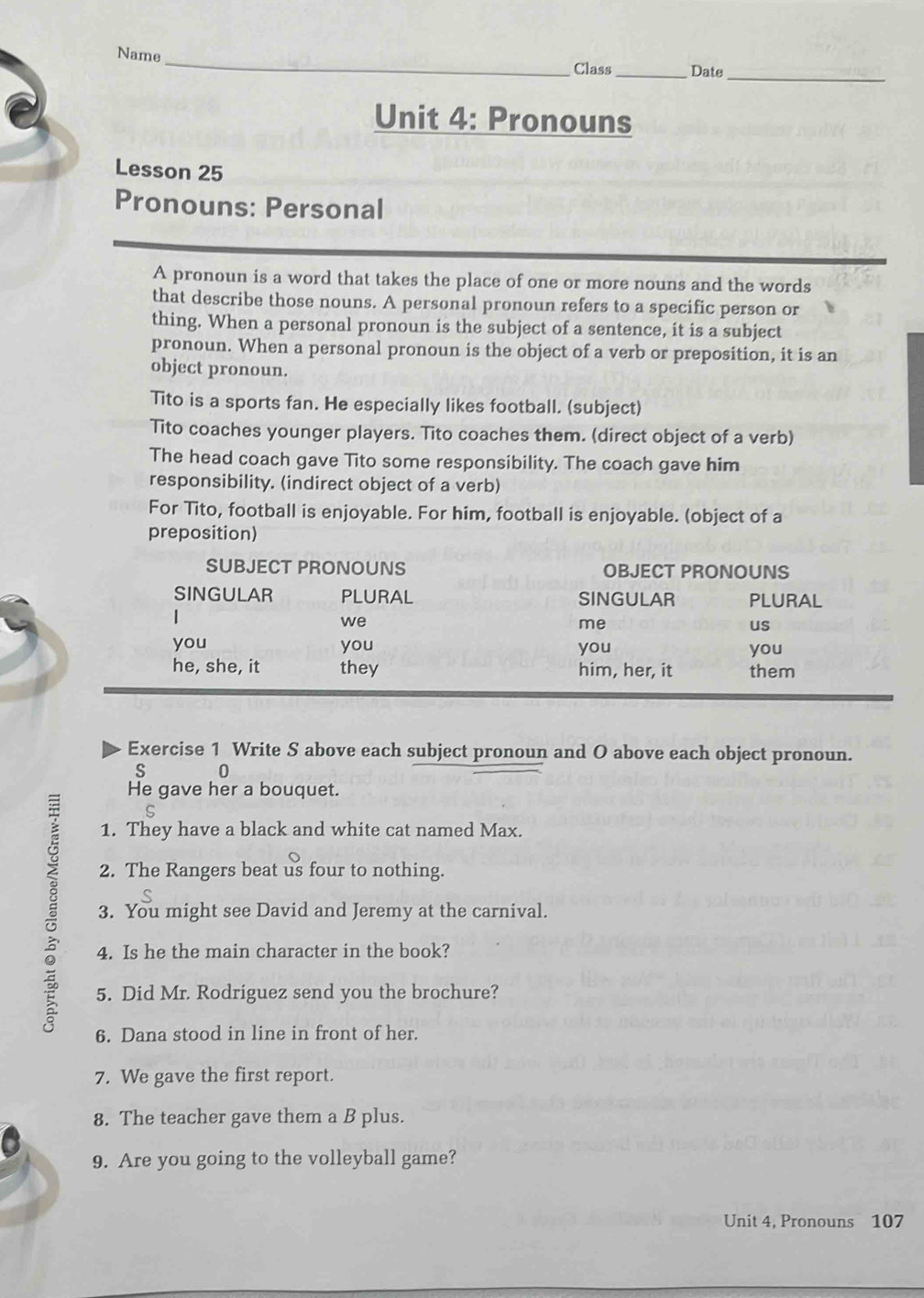 Solved: Name_ Class_ Date Unit 4: Pronouns Lesson 25 Pronouns: Personal ...