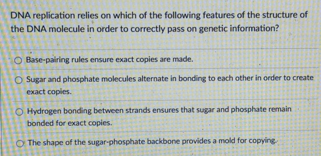 Solved: DNA replication relies on which of the following features of ...