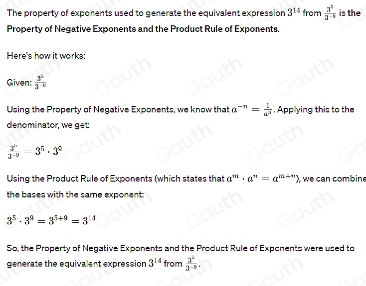 Solved: Which property of exponents was used to generate the equivalent ...