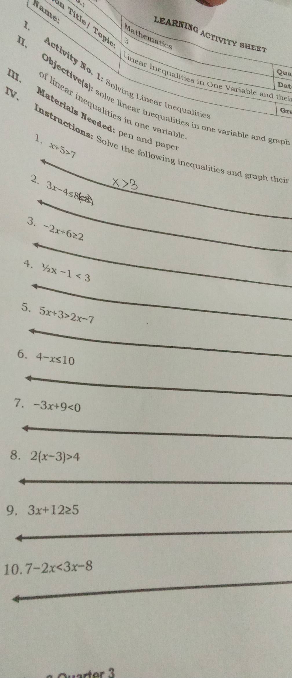 Solved: Name tle / Topi LEARNING ACTIVITY SHEET Mathematics 3 Qua ...
