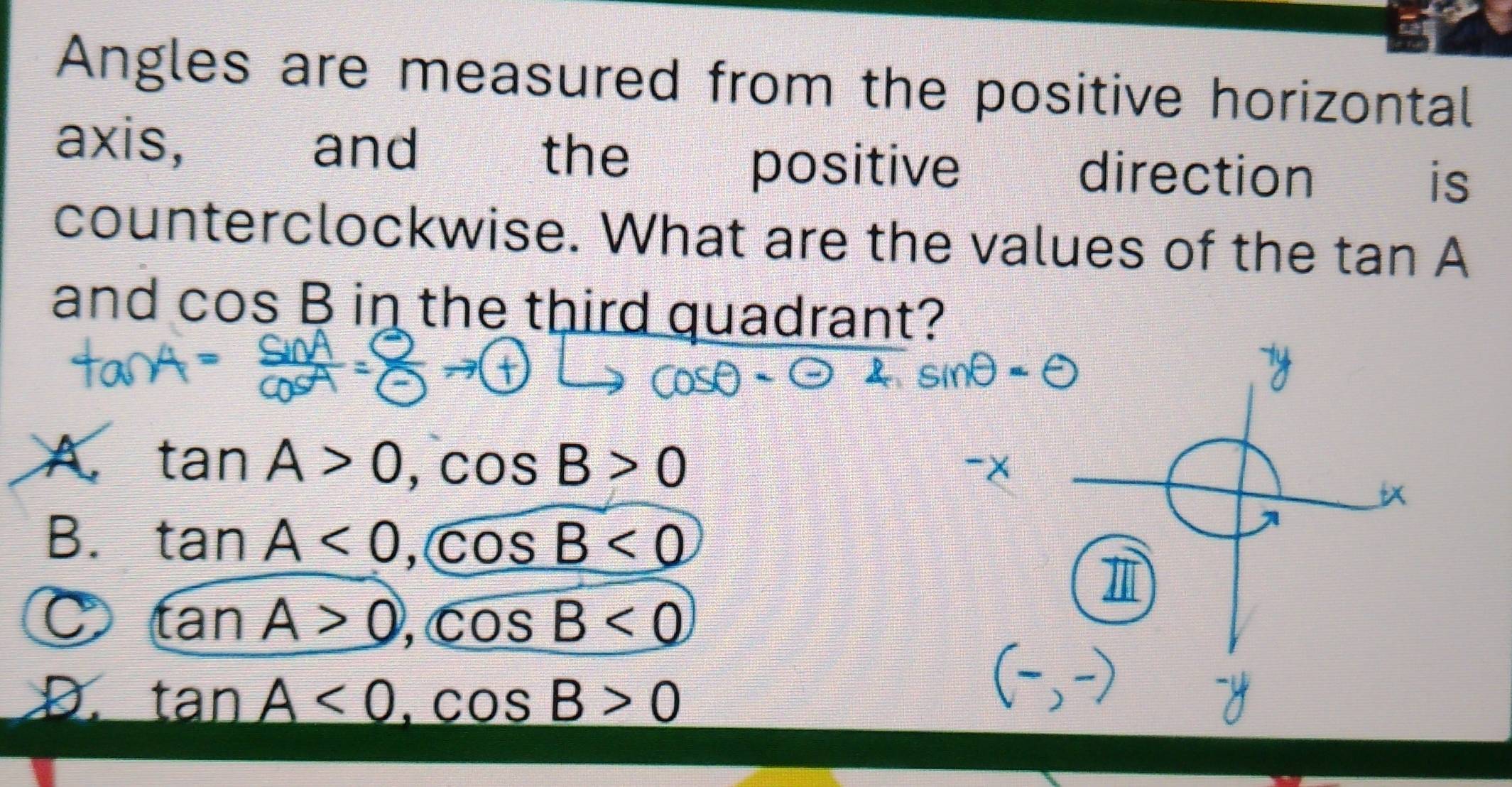Solved: Angles are measured from the positive horizontal axis, and the ...