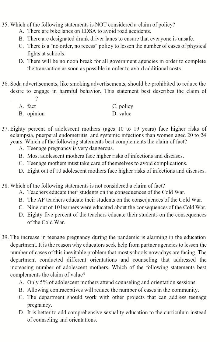 Solved: Which of the following statements is NOT considered a claim of ...
