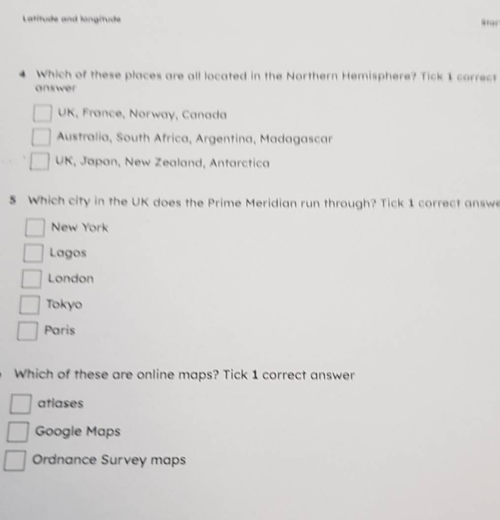 Solved: Latitude and longitude atar 4 Which of these places are all ...