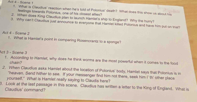 Solved: Act 4 - Scene 1 1. What is Claudius' reaction when he's told of ...