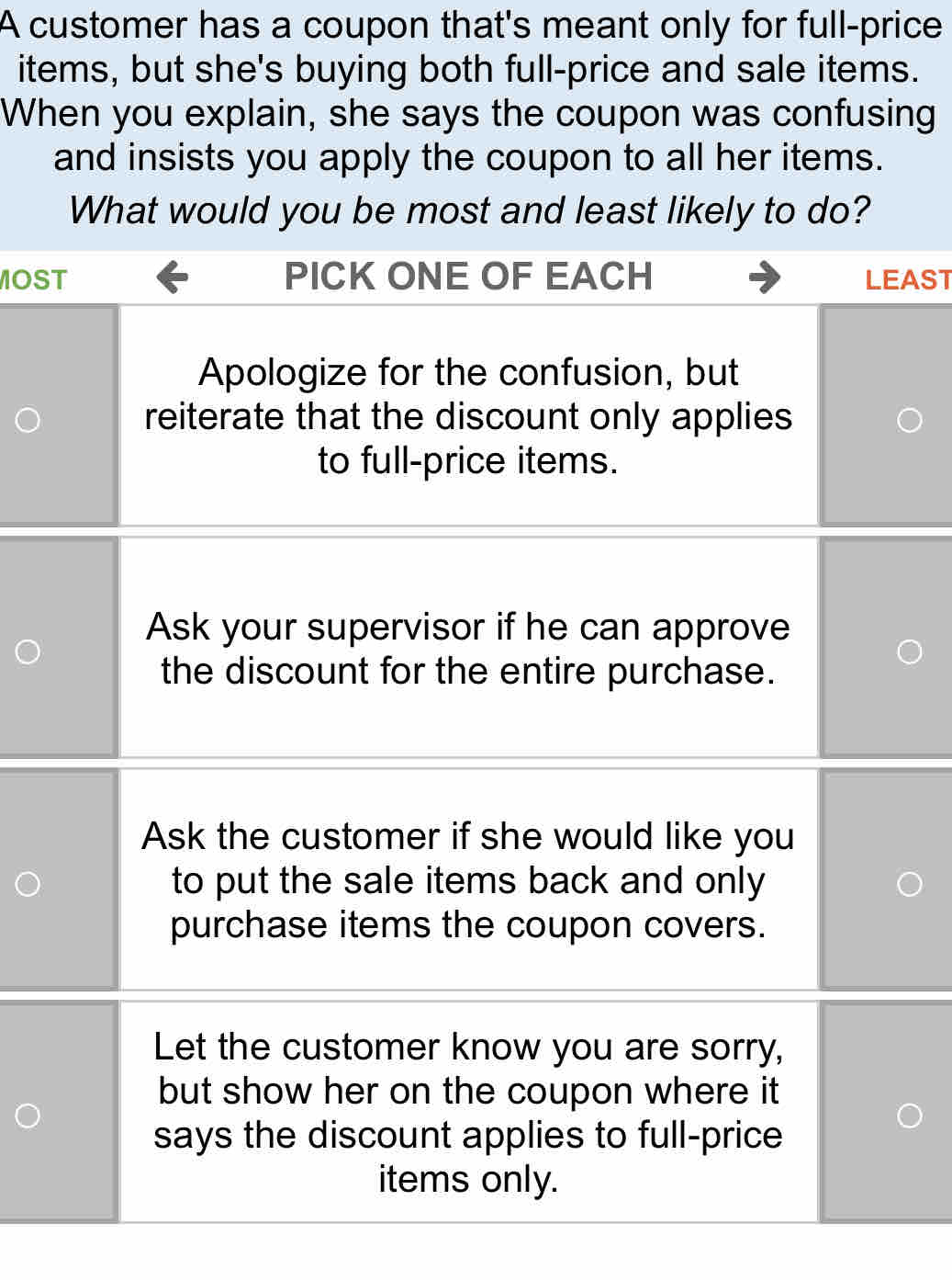 A customer has a coupon that's meant only for full-price items, but she ...