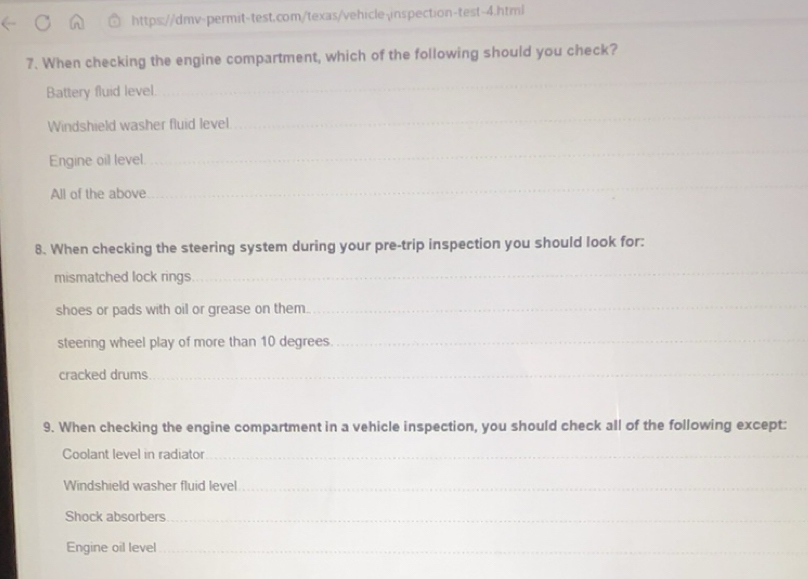 Solved: When checking the engine compartment, which of the following ...