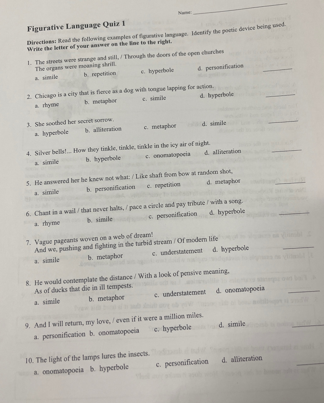 Solved: Name: _ Figurative Language Quiz 1 Directions: Read the ...