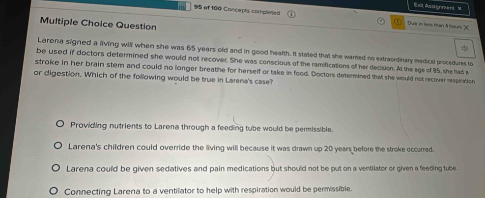 Solved: Exit Assignment × 95 of 100 Concepts completed Due in less than ...