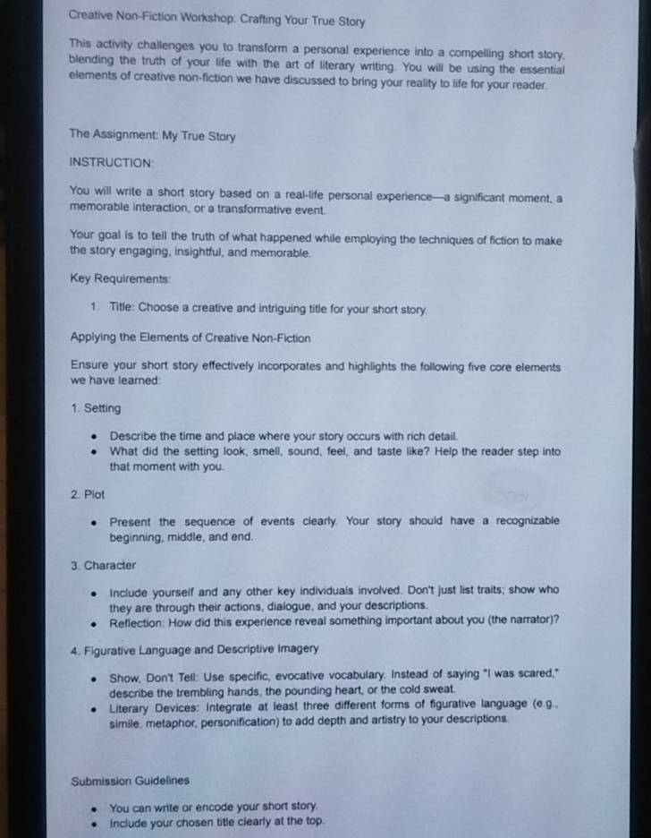 Solved: Creative Non-Fiction Workshop: Crafting Your True Story This ...