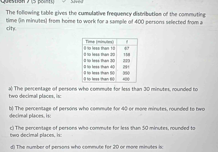 Solved: Saved The following table gives the cumulative frequency ...