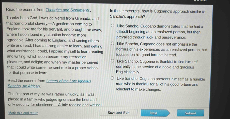Read the excerpt from Thoughts and Sentiments. In these excerpts, how ...
