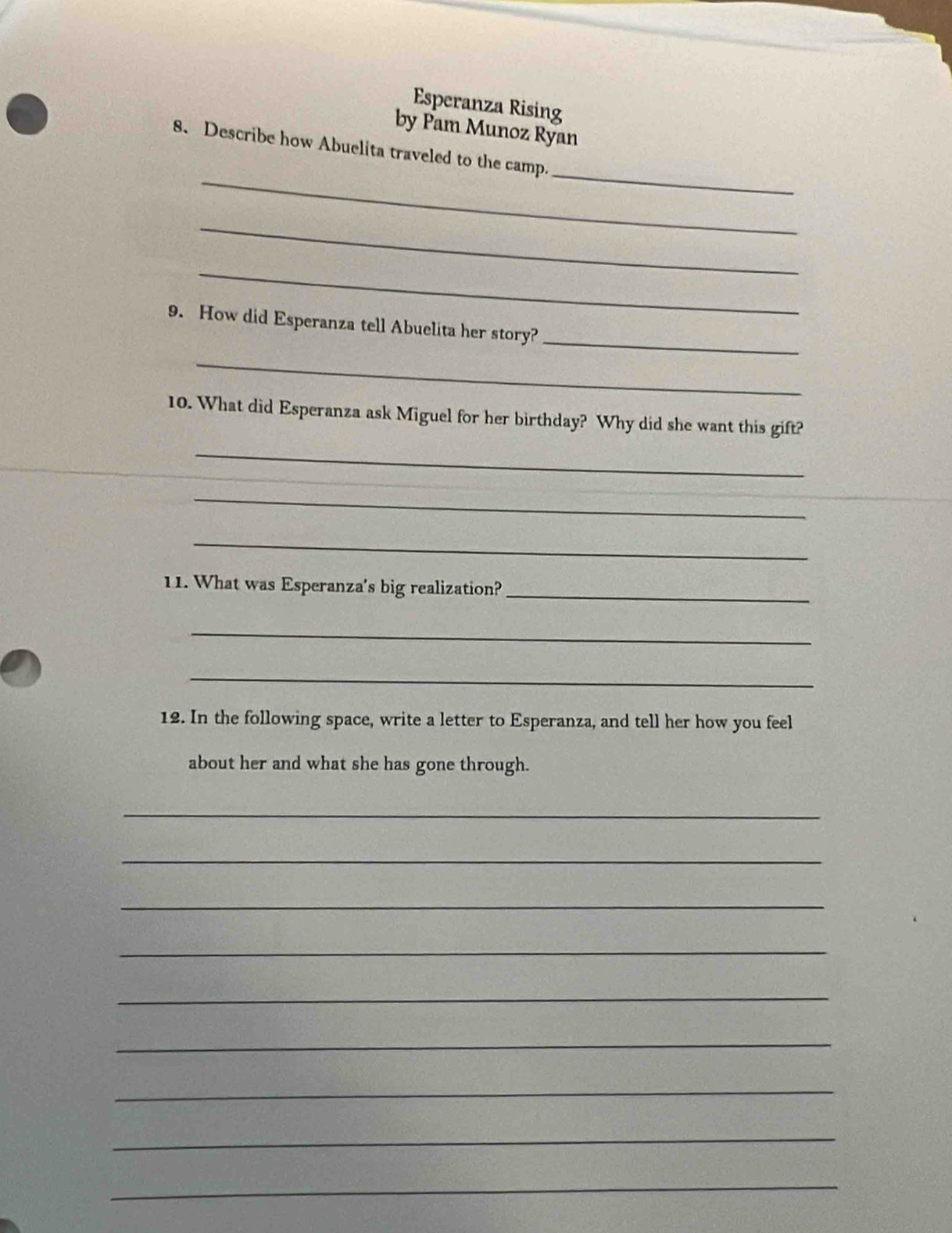 Solved: Esperanza Rising by Pam Munoz Ryan _ _ 8、 Describe how Abuelita ...