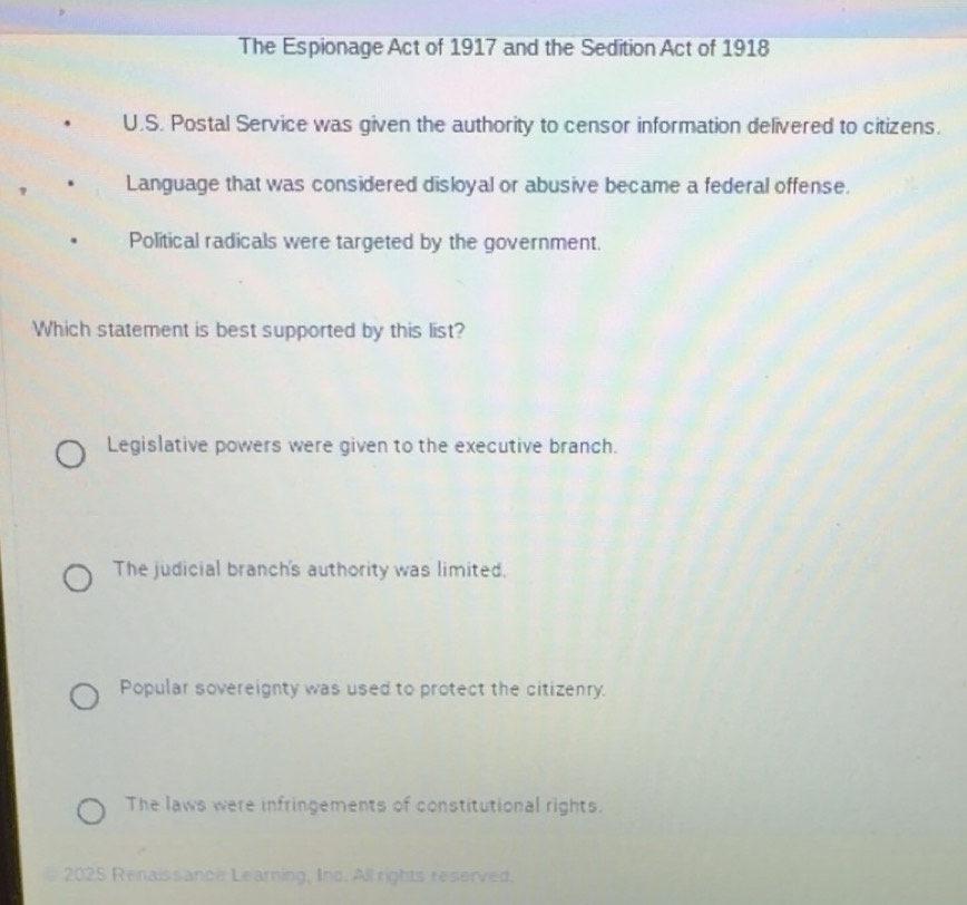 Solved: The Espionage Act of 1917 and the Sedition Act of 1918 U.S ...