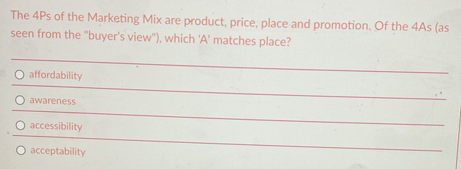 Solved: The 4Ps of the Marketing Mix are product, price, place and ...