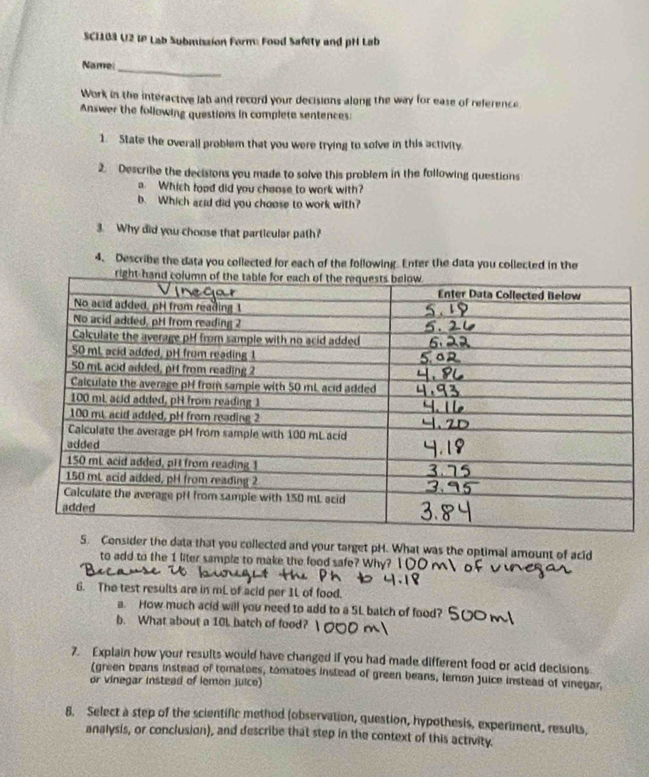 Solved: SCI103 U2 IP Lab Submission Form: Food Safety and pH Lab _ Name Work in the interactive ...