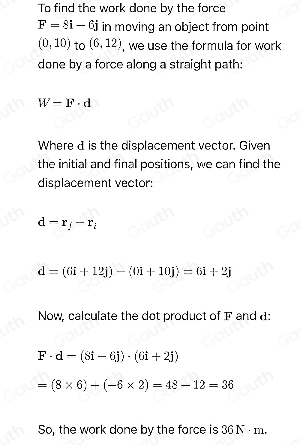 Solved: Find the work done by the force vector F=8i-6j that 30N moves an object from the point ...