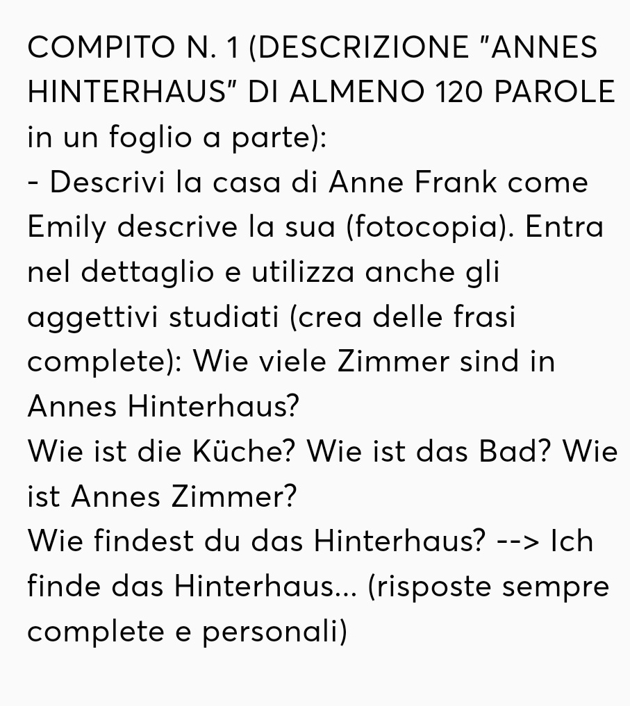 Risolto:COMPITO N. 1 (DESCRIZIONE "ANNES HINTERHAUS” DI ALMENO 120 ...