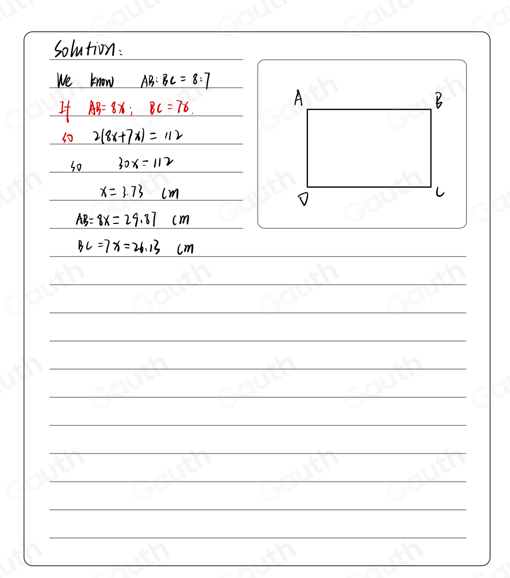 Solved: The dimensions of a rectangle has a ratio of 8:7. What are the ...