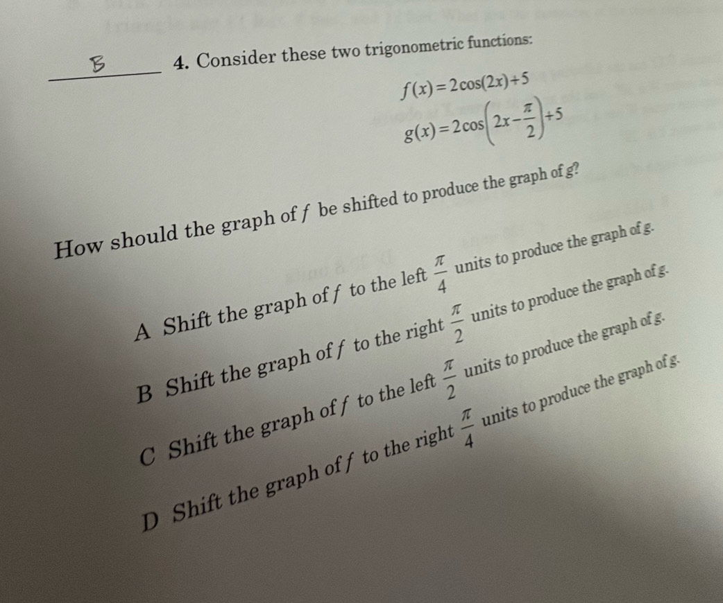 Solved: Consider these two trigonometric functions: f(x)=2cos (2x)+5 g ...