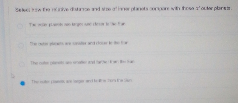 Solved: Select how the relative distance and size of inner planets ...