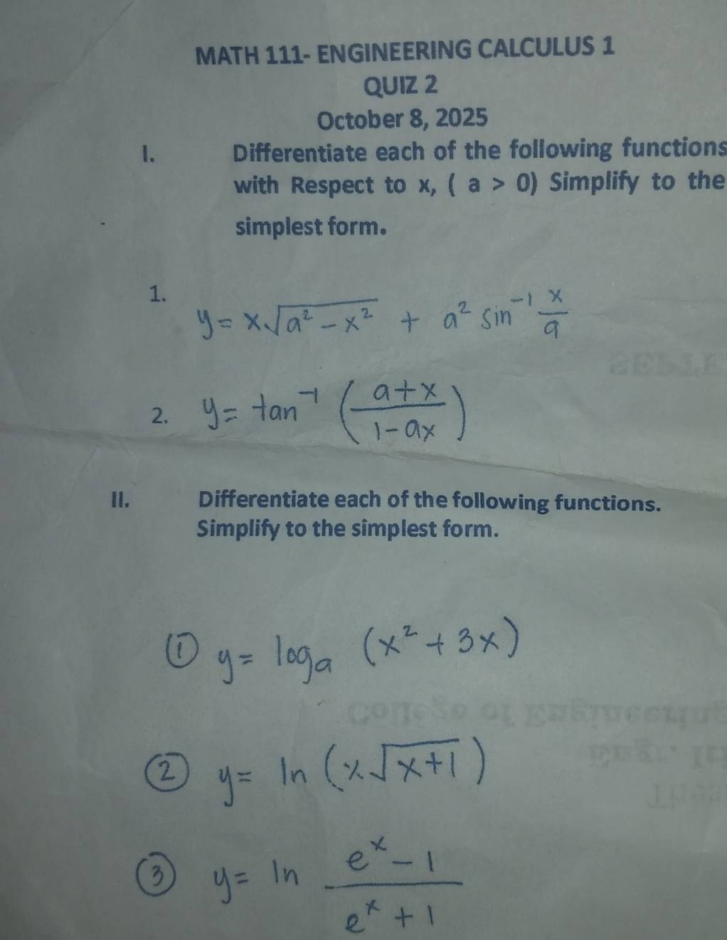 Solved: MATH 111- ENGINEERING CALCULUS 1 QUIZ 2 October 8, 2025 1 ...