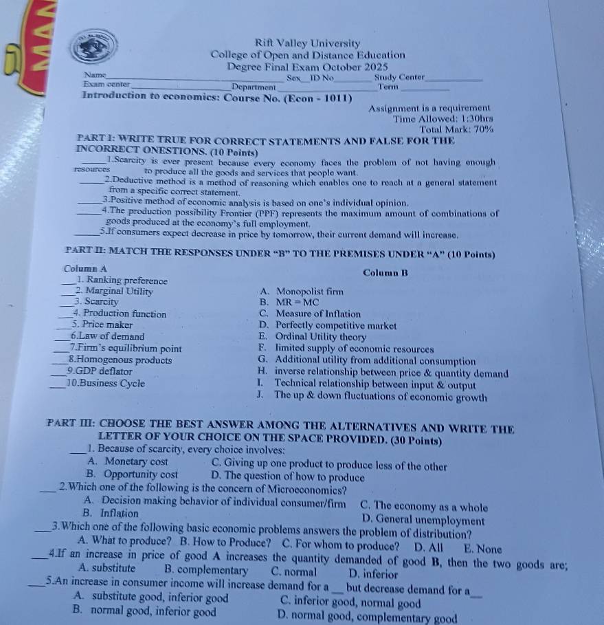 Gelöst:Rift Valley University a College of Open and Distance Education ...