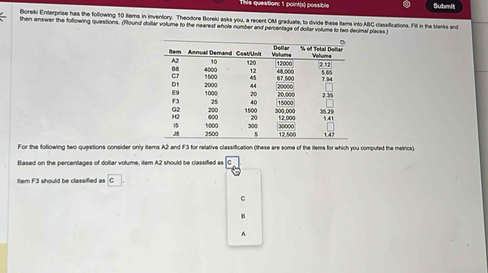 Solved: This question: 1 point(s) possible Submit Boreki Enterprise has ...