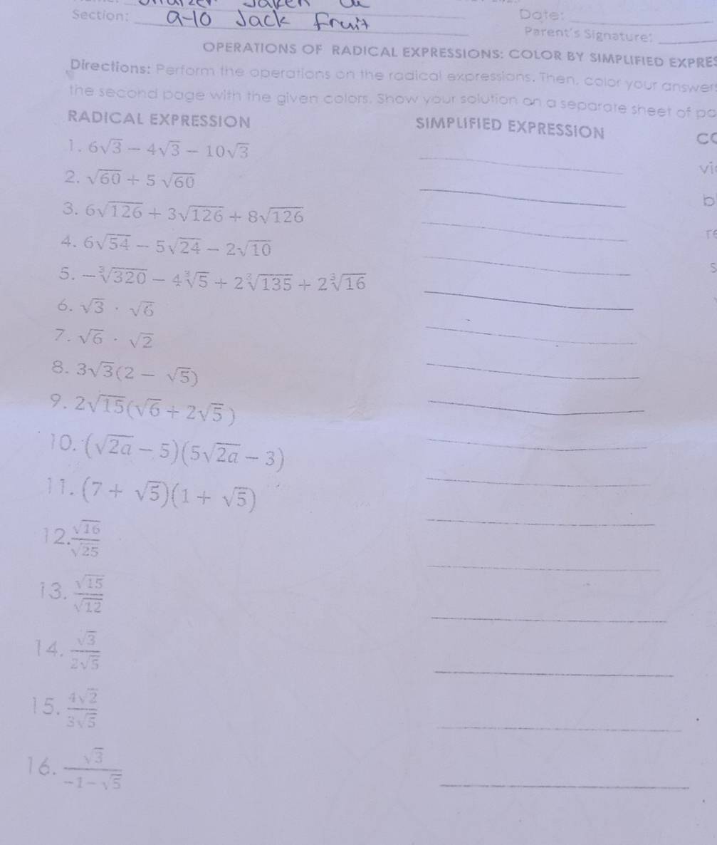 Solved: Date:_ _ Parent's Signature_ OPERATIONS OF RADICAL EXPRESSIONS ...