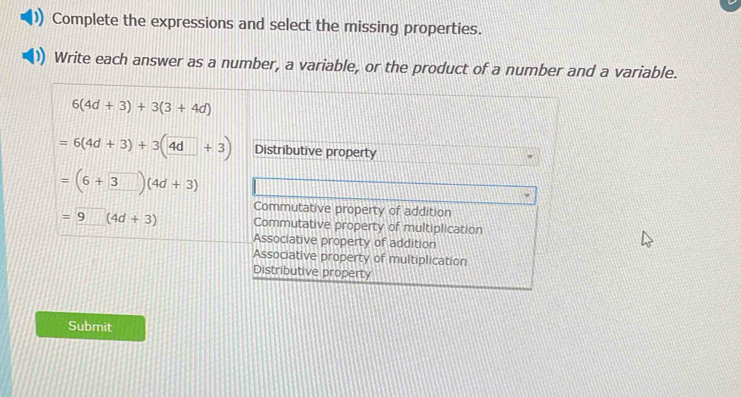 Solved: Complete the expressions and select the missing properties ...