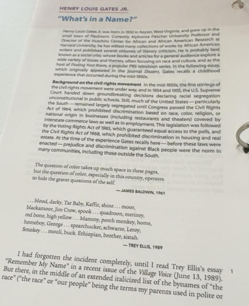 Solved: HENRY LOUIS GATES JR. “What’s in a Name?” Henry Louls Gates Jr ...