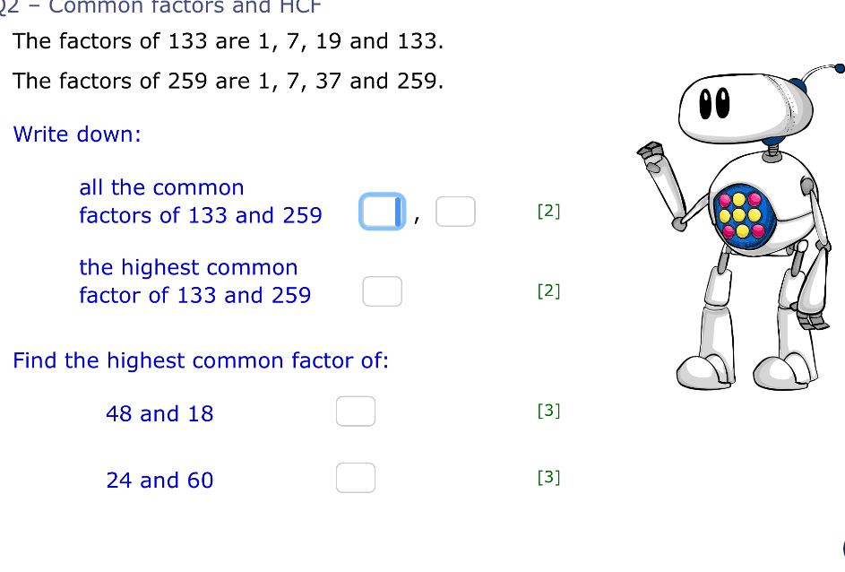 Solved: Common factors and HCF The factors of 133 are 1, 7, 19 and 133 ...