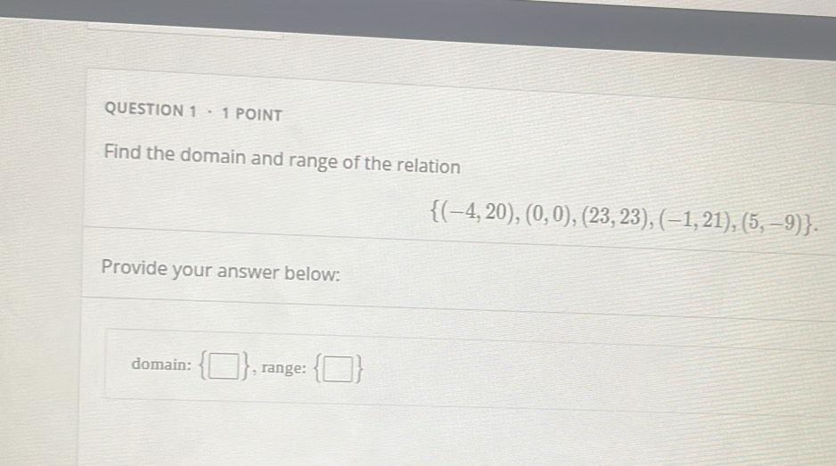Solved: ·1 POINT Find the domain and range of the relation (-4,20),(0,0 ...