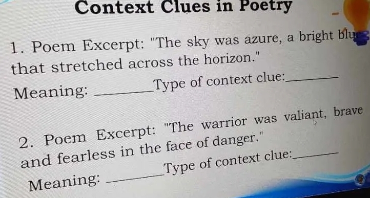 Solved: Context Clues in Poetry 1. Poem Excerpt: "The sky was azure, a ...