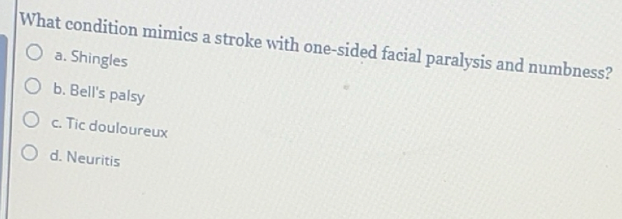 Solved: What condition mimics a stroke with one-sided facial paralysis ...