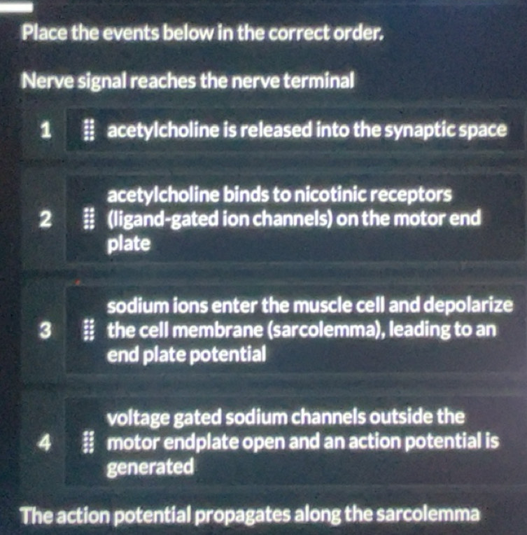 Solved: Place the events below in the correct order. Nerve signal ...
