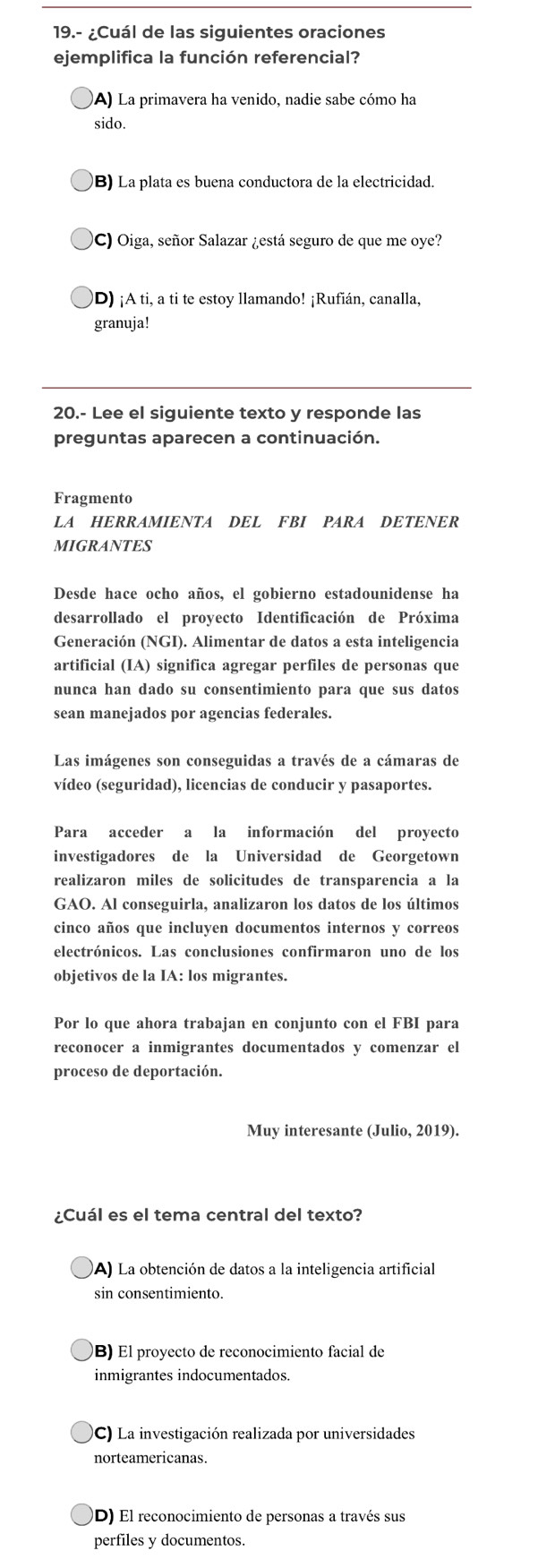 Resuelto:19.- ¿Cuál de las siguientes oraciones ejemplifica la función ...