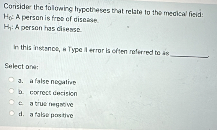 Solved: Consider the following hypotheses that relate to the medical ...
