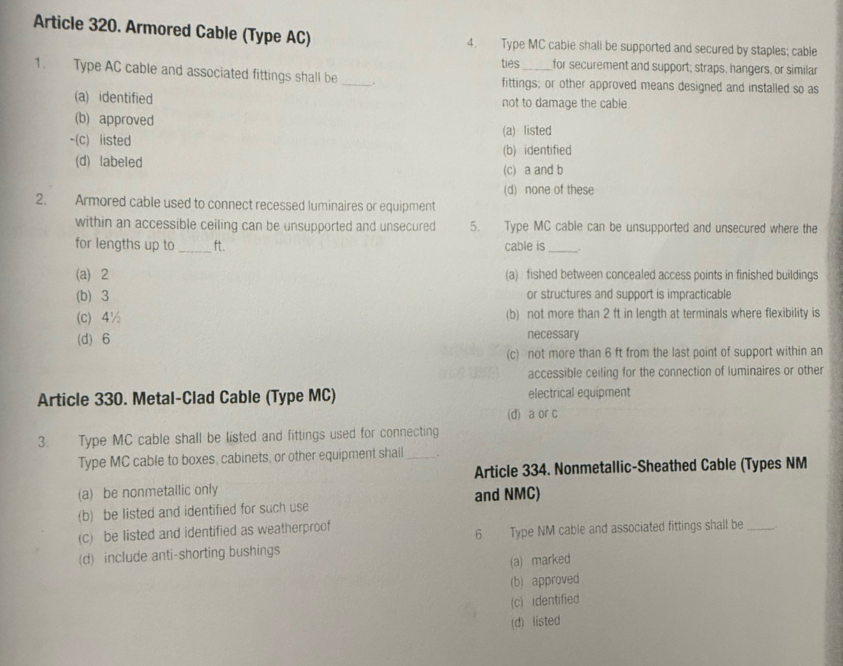 Solved: Article 320. Armored Cable (Type AC) 4. Type MC cable shall be ...