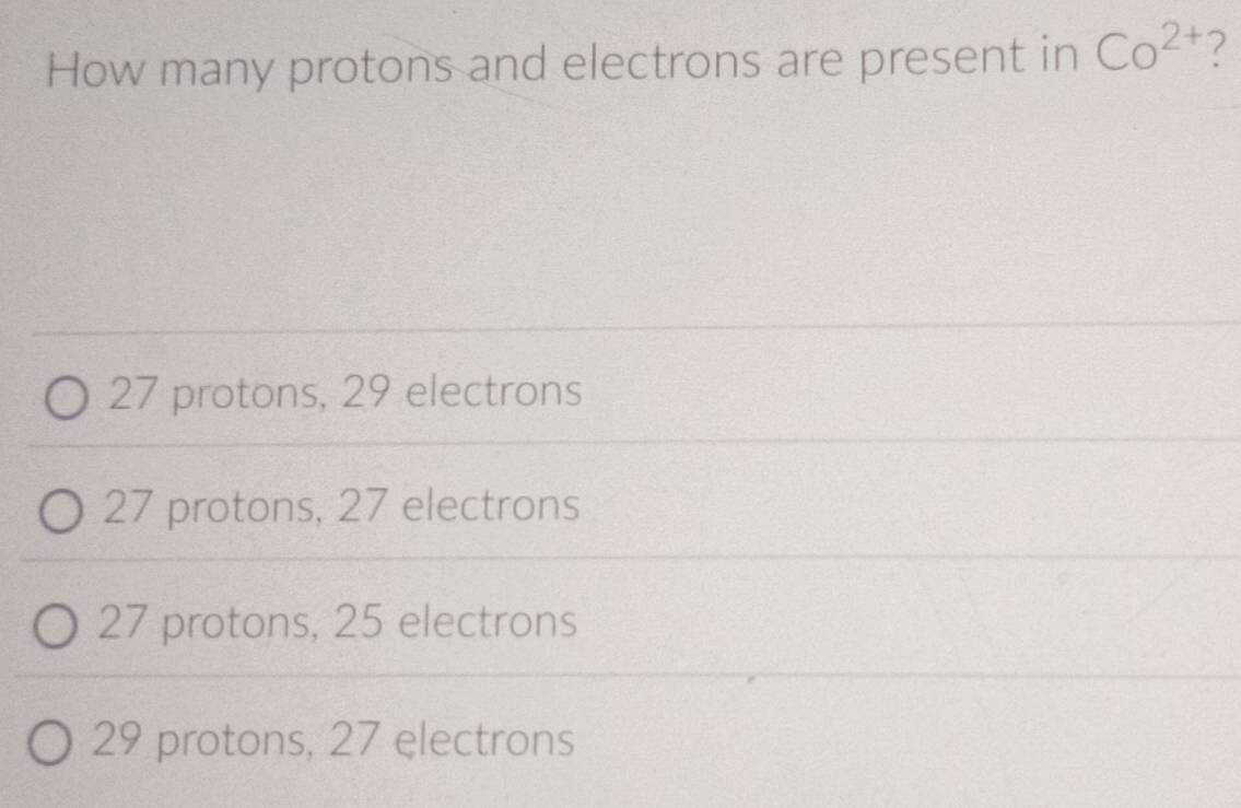 Solved: How many protons and electrons are present in Co^(2+) ? 27 ...