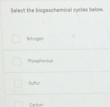 Solved: Select the biogeochemical cycles below. Nitrogen Phosphorous ...