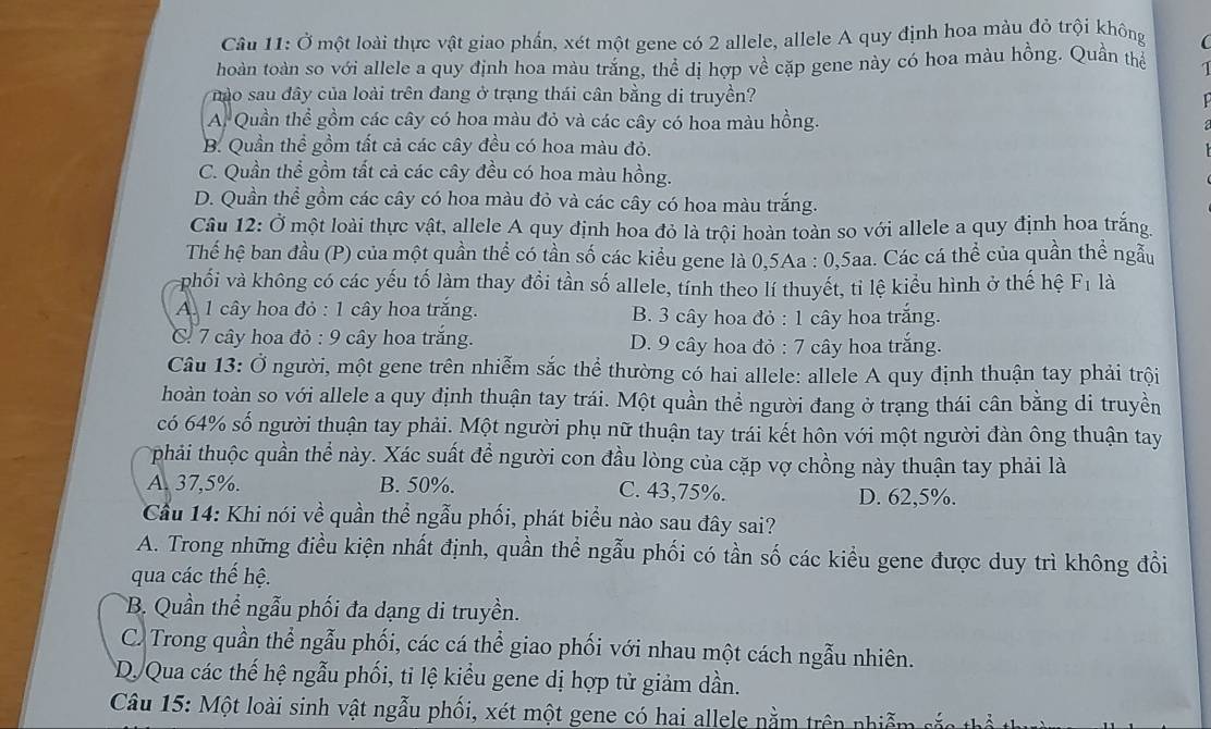 Giải quyết:Ở một loài thực vật giao phần, xét một gene có 2 allele ...