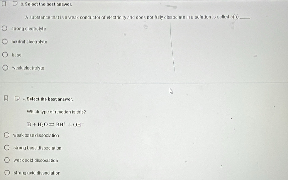 Solved: Select the best answer. A substance that is a weak conductor of ...