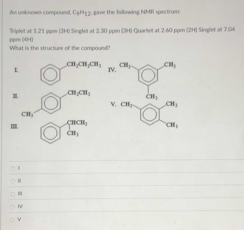 Solved: An unknown compound, C_9H_12 , gave the following NMR spectrum ...