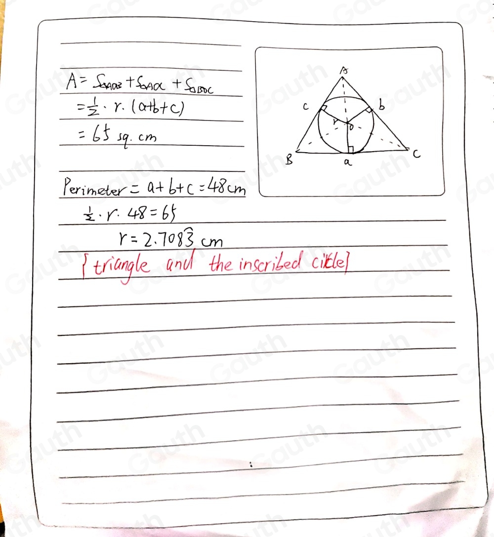 Solved: The area of a triangle is 65 sq. cm. and its perimeter is 48 cm ...