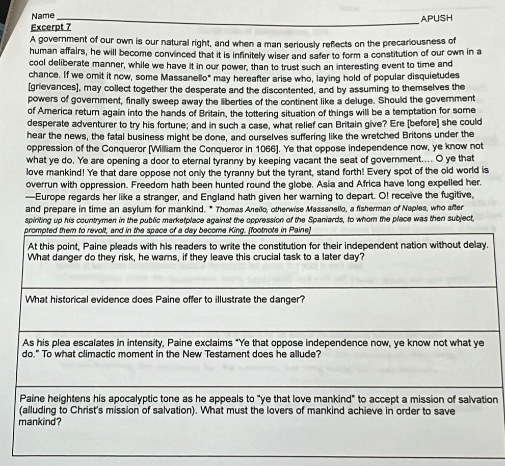 Solved: Name _APUSH Excerpt 7 A government of our own is our natural ...
