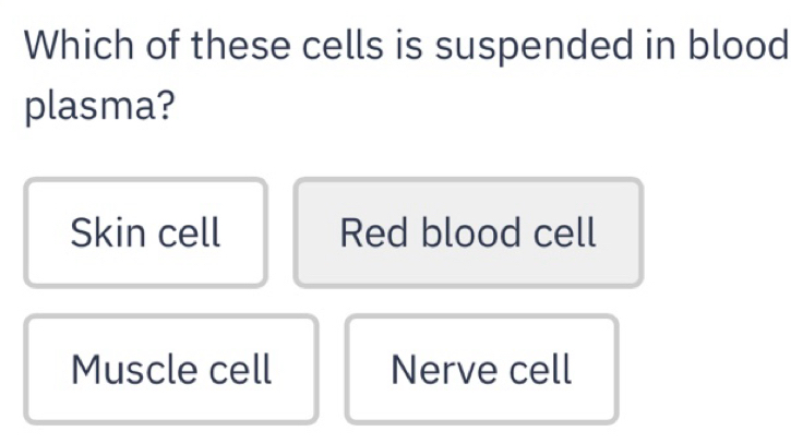 Solved: Which of these cells is suspended in blood plasma? Skin cell ...