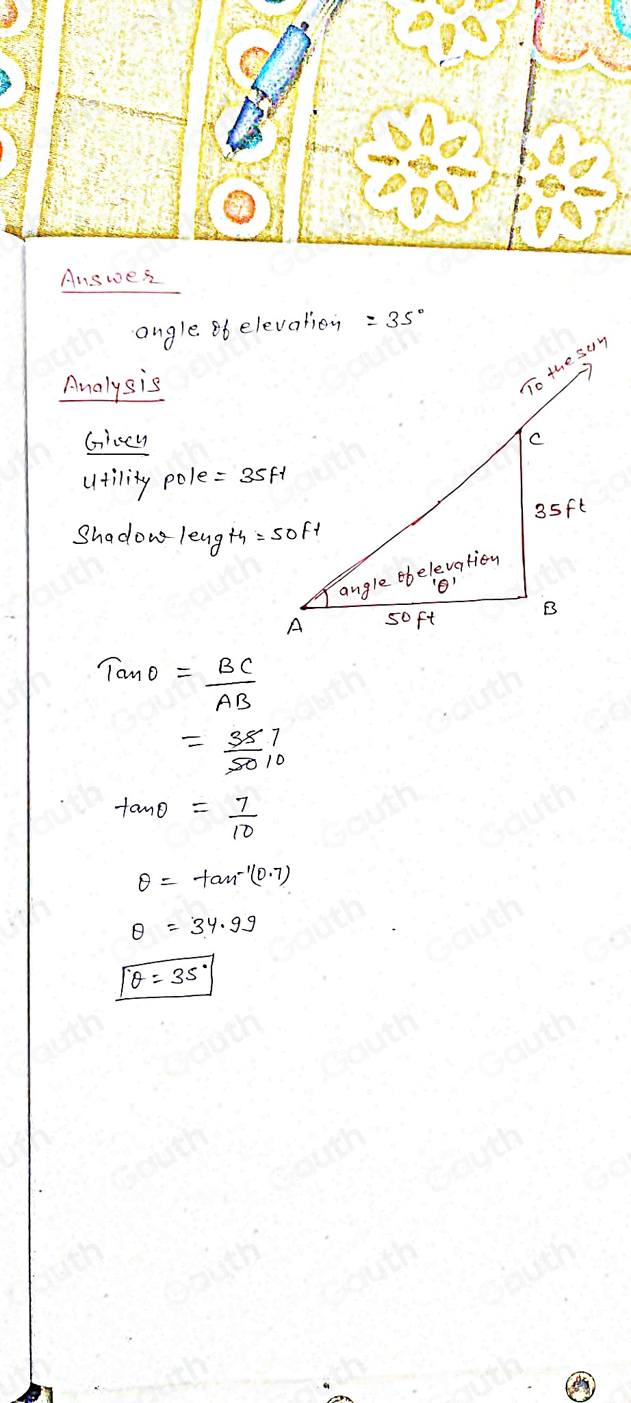 Solved: (Score for Question 3:_ of 5 points) 3. A utility pole is 35 ft ...