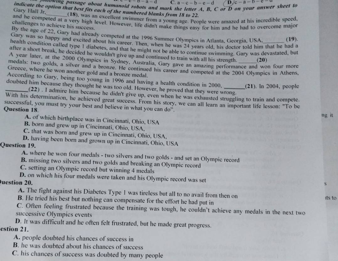 Giải quyết:c-a-a-d C. a-c-b-e-d D, c-a-b-e-a Jonowing passage about ...