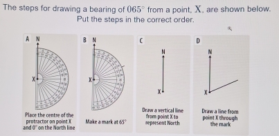 Solved: The steps for drawing a bearing of 065° from a point, X, are ...